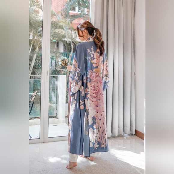 Dresses | New Boho Vintage Floral Peacock Kimono Maxi Duster Robe ...
